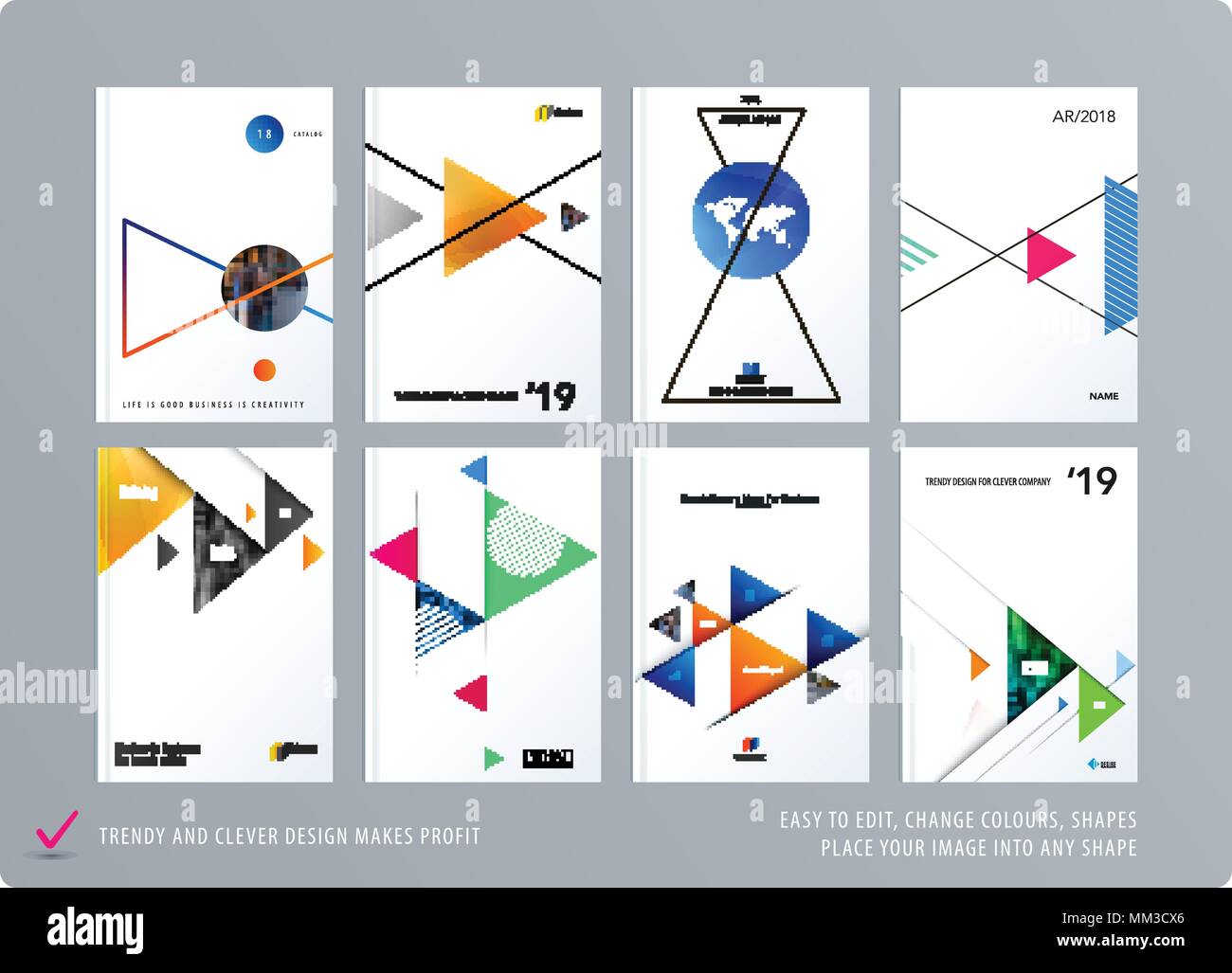 Brochure design triangular template. Colourful modern abstract set, annual report with triangles ...