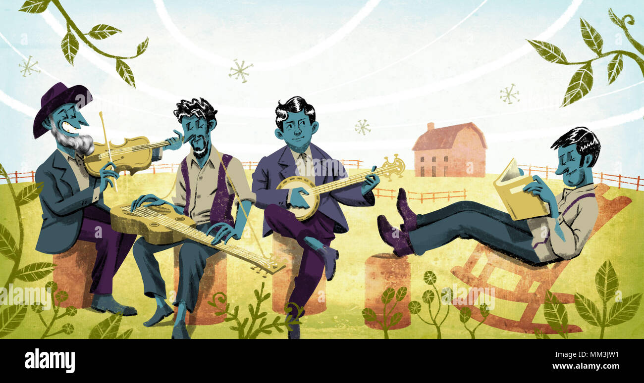 Farmers playing music and relaxing in landscape Stock Photo - Alamy