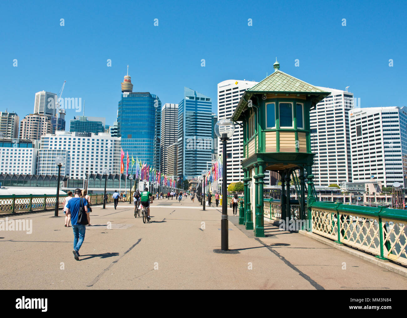 Pedestrians on the Pyrmont Swing Bridge in Darling Harbour district of ...