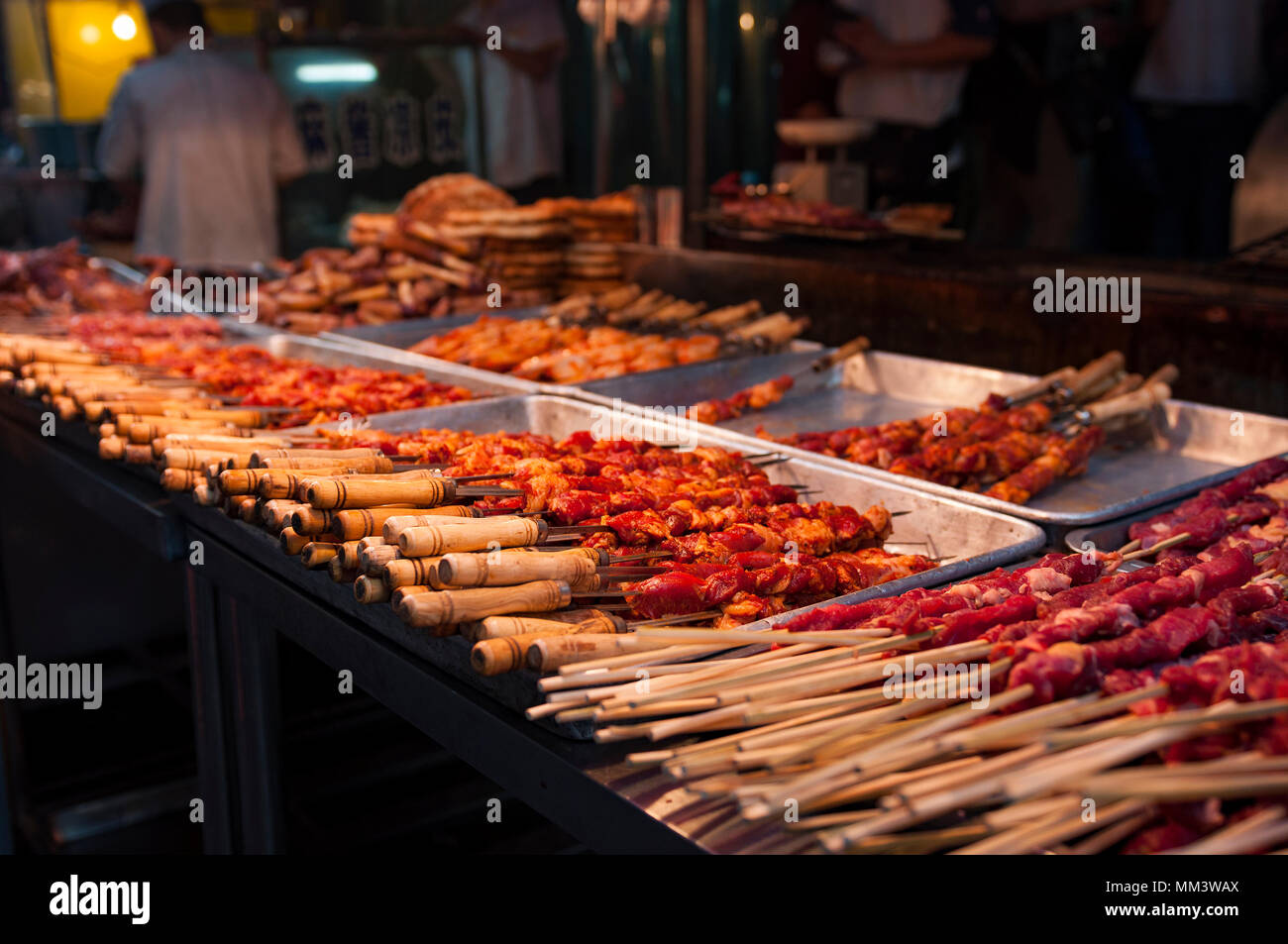 Detail of lamb kebab in a street market at the Muslim Quarter in the ...