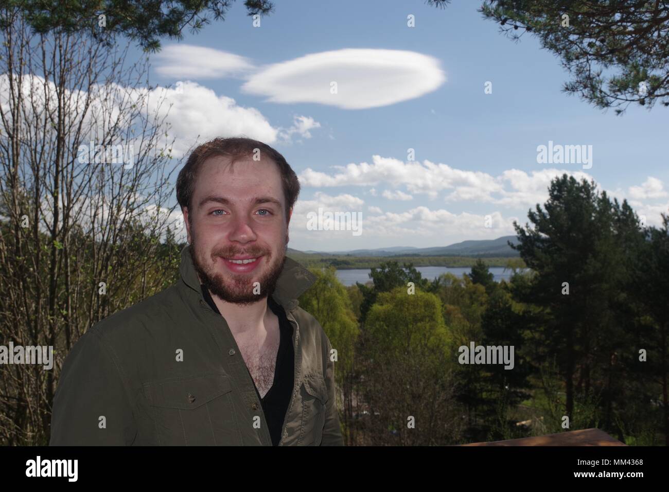 Male Caucasian Hiker with View over Spring Birch Woodland to Loch ...