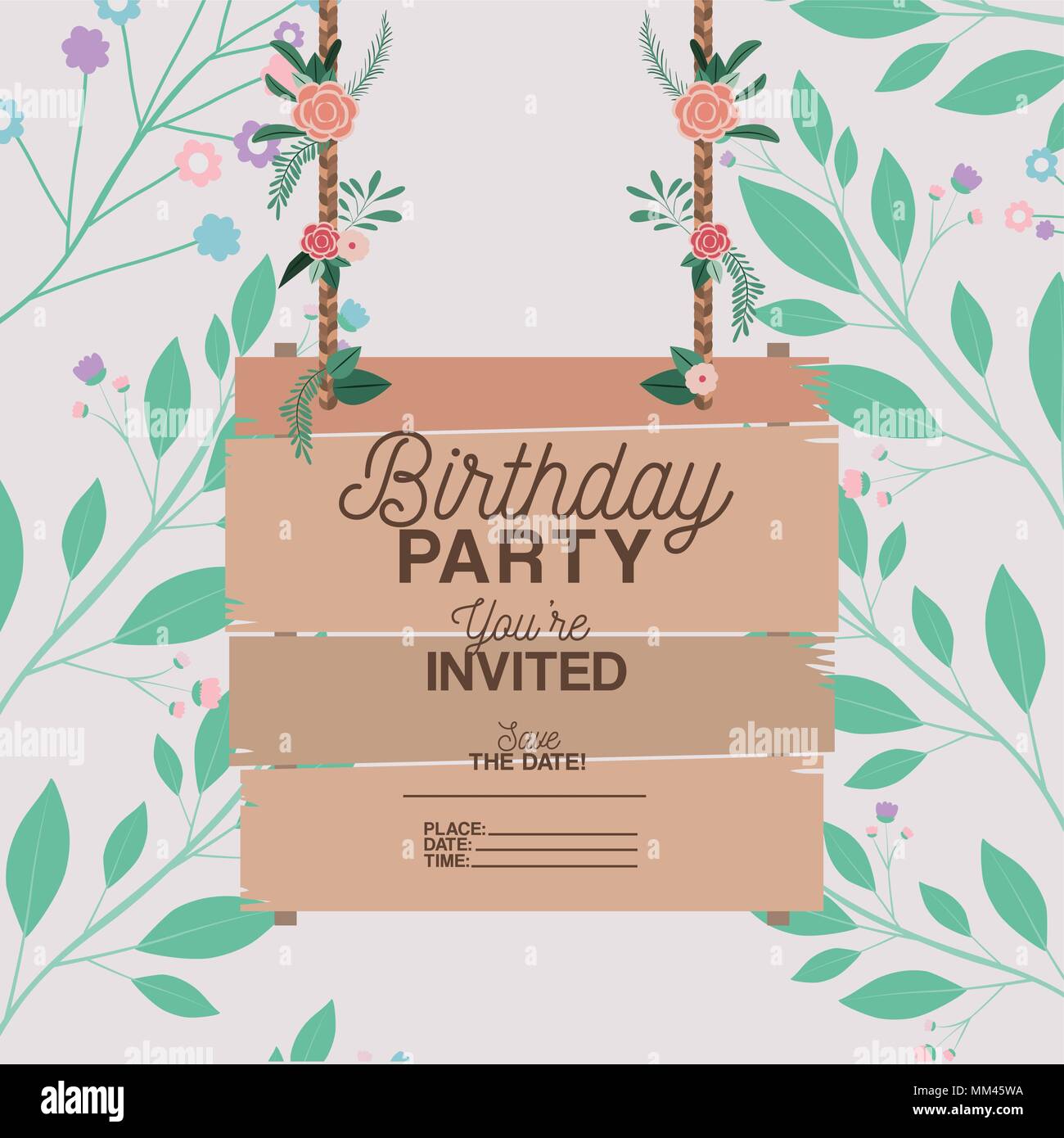 birthday invitation card with label wooden hanging Stock Vector Image ...