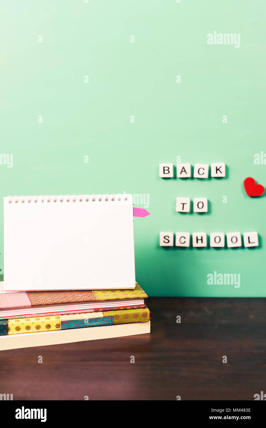 Back to school supplies pastel workspace with trendy items wooden ...