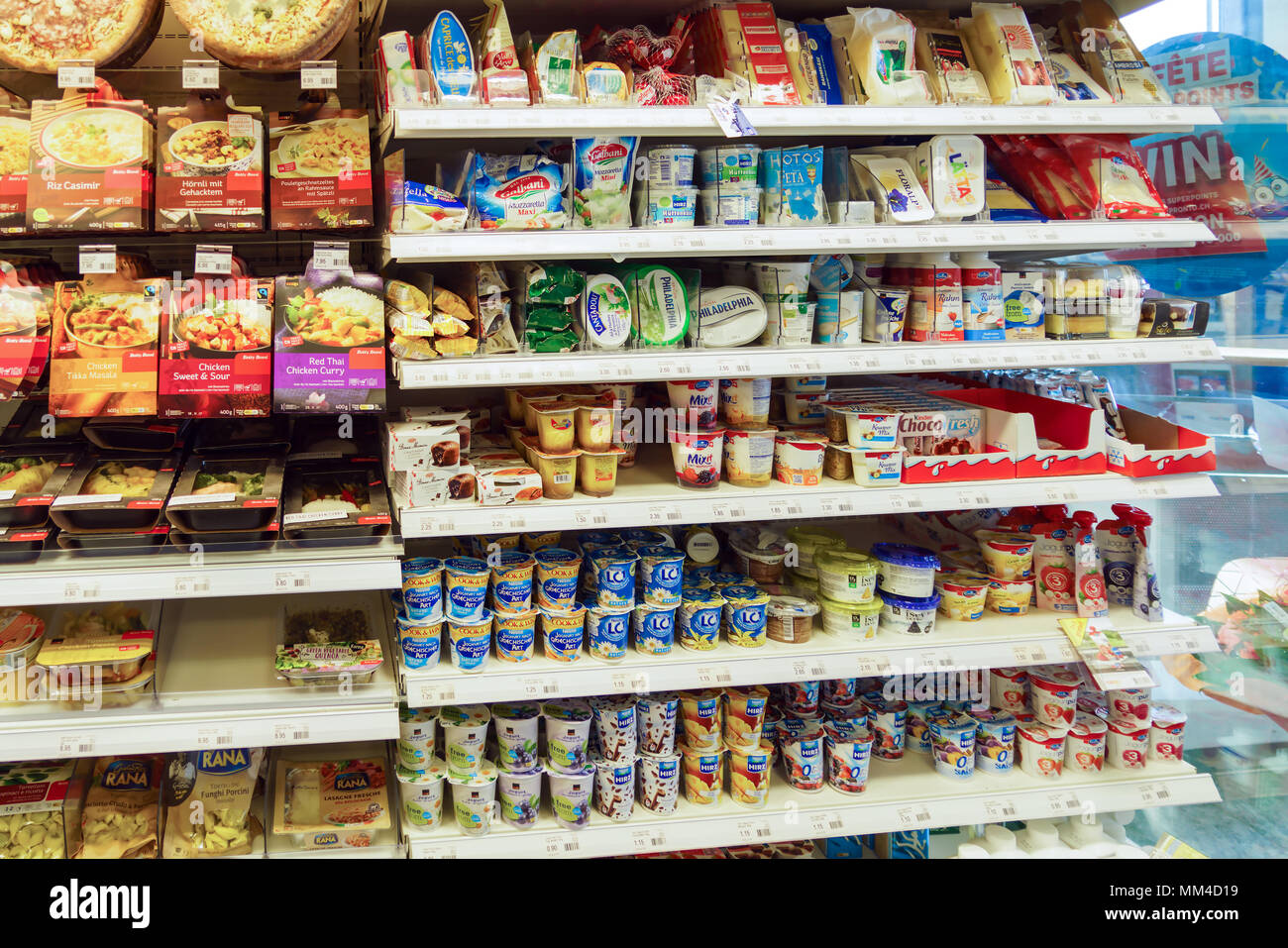 Geneva, Switzerland - October 18, 2017: Dairy products on the shelf of ...