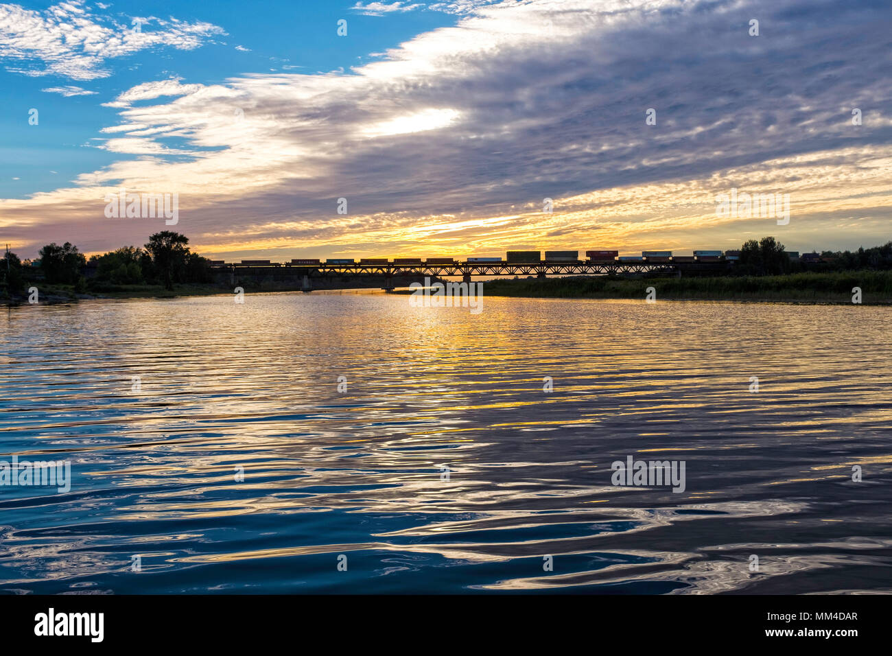 A freight train crossing on the trestle at Byng Inlet, Georgian Bay ...