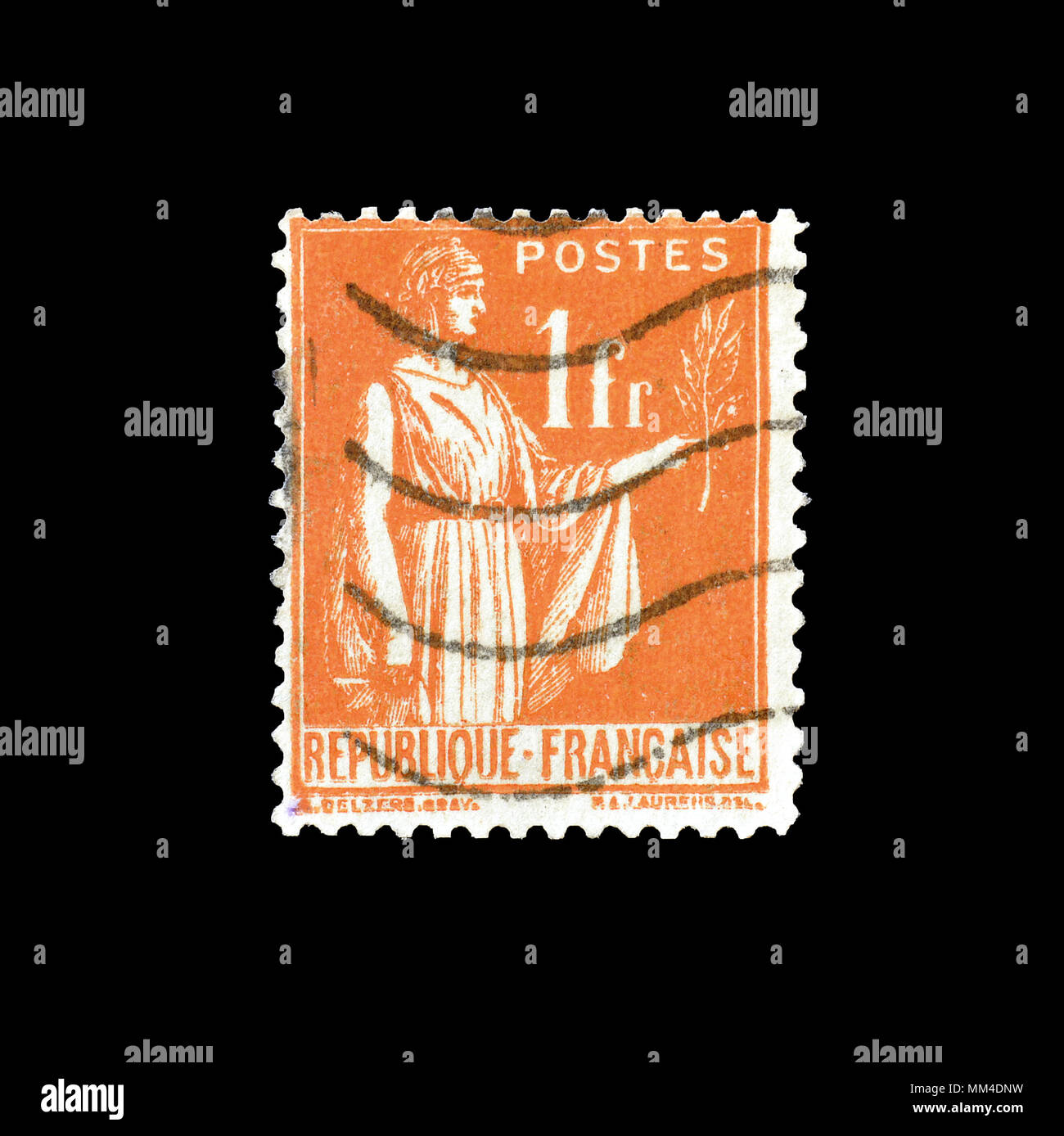 Cancelled postage stamp printed by France, that shows Allegory of Peace ...