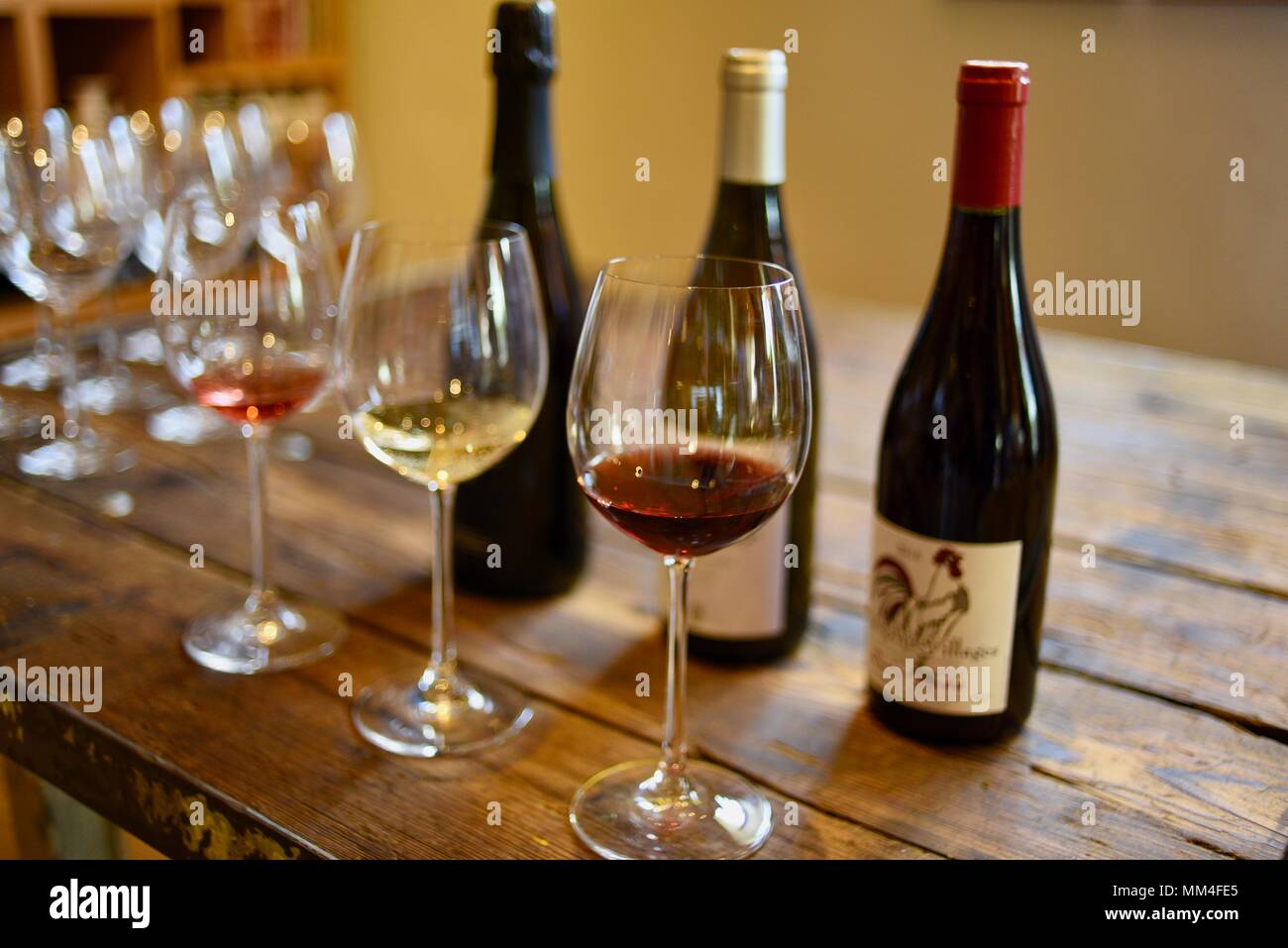 Fine wines on display at tasting, white, rose and red wine with bottles ...