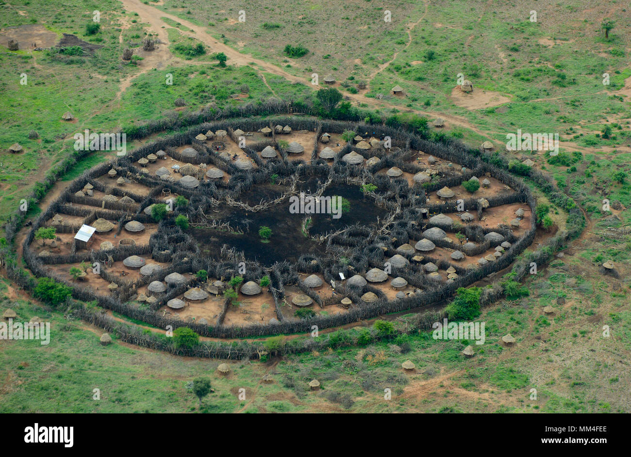 UGANDA, Karamoja, Kotido, karamojong pastoral tribe, aerial view of ...