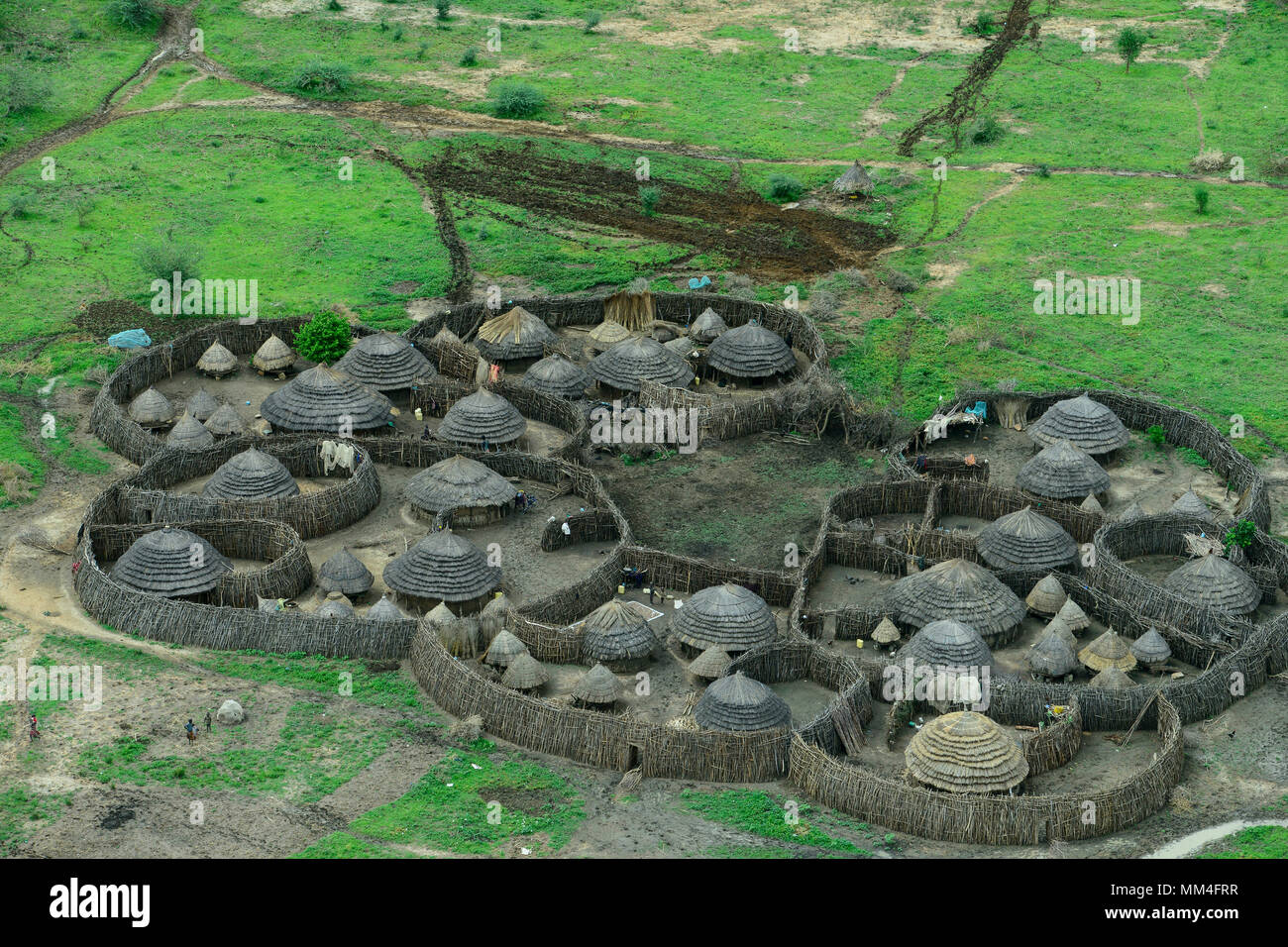 UGANDA, Karamoja, Kotido, karamojong pastoral tribe, aerial view of ...
