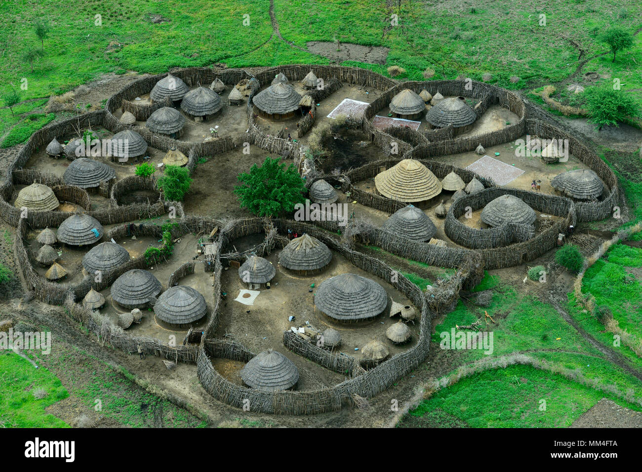 UGANDA, Karamoja, Kotido, karamojong pastoral tribe, aerial view of ...