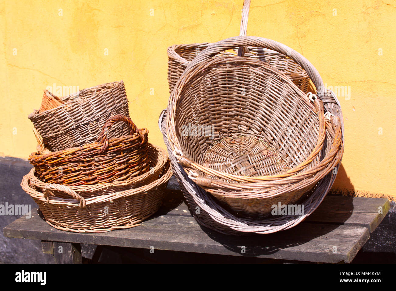 Gardener vintage baskets at an romantic old rural farm house - retro ...