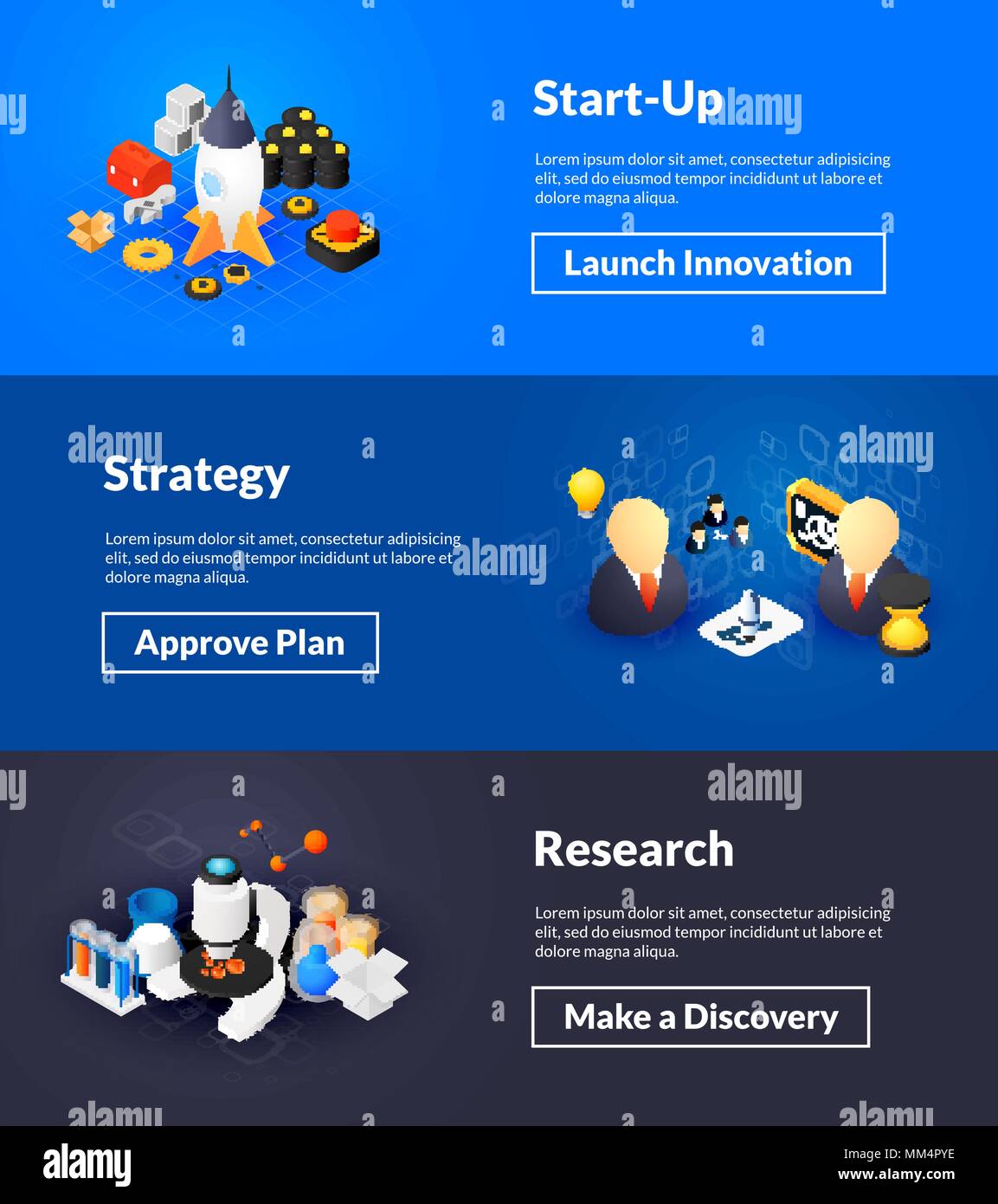 Startup strategy and research banners of isometric color design Stock ...