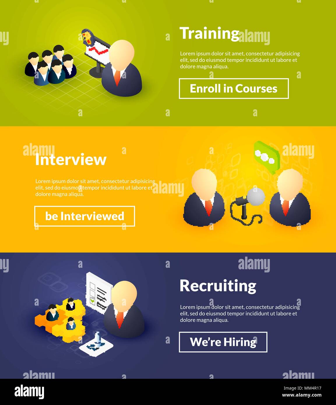 Training interview and recruiting banners of isometric color design ...