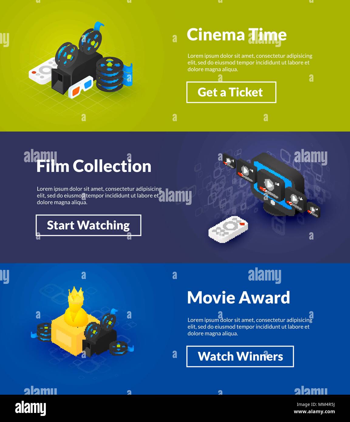 Cinema time film collection and movie award banners of isometric color ...