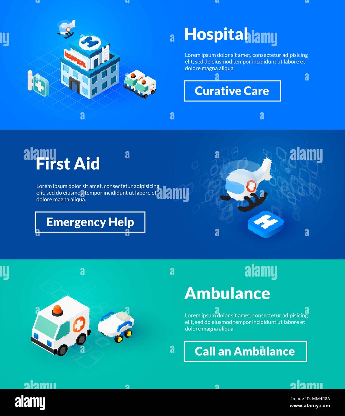 Hospital first aid and ambulance banners of isometric color design ...