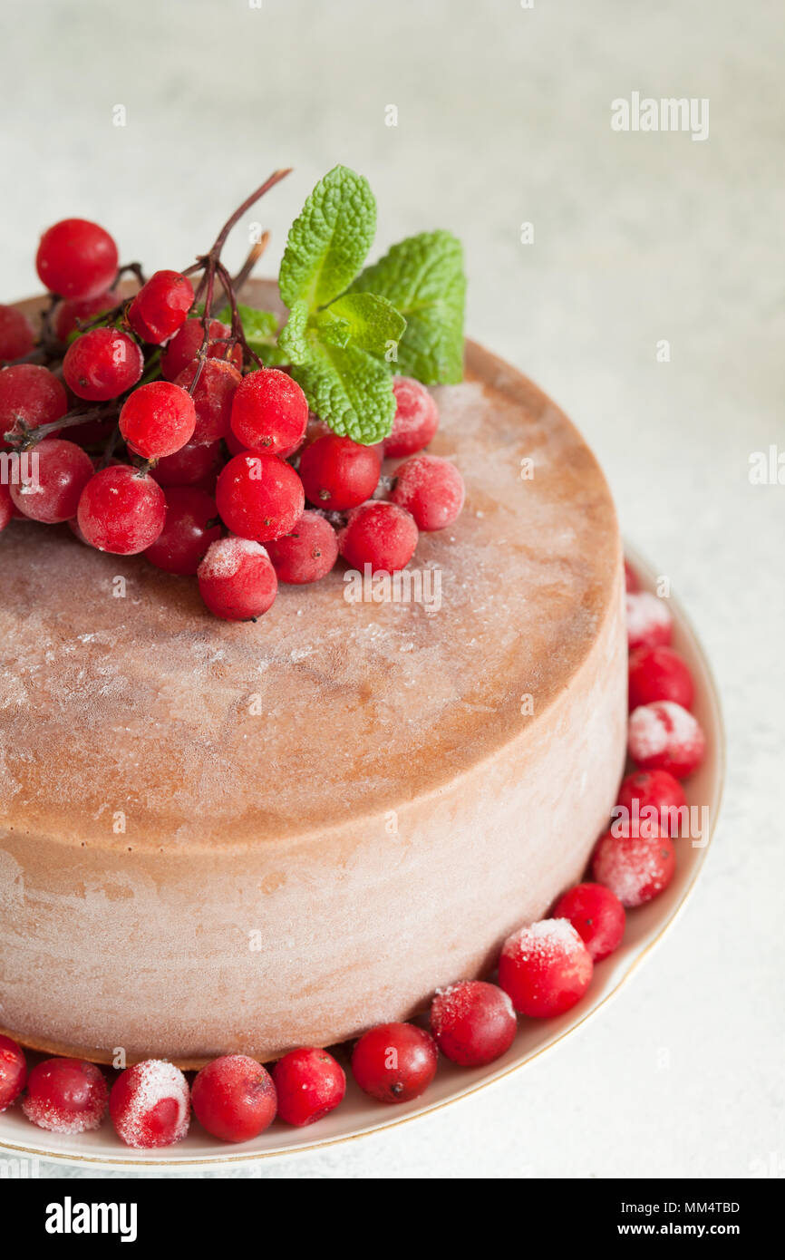 Chocolate mousse cake with lingonberry fruits and mint copy space Stock ...