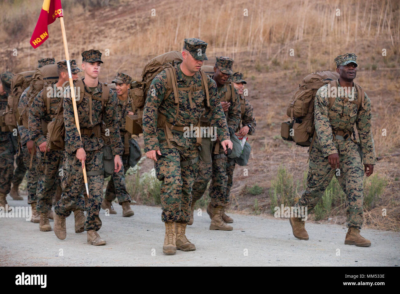 U.S. Marines with Headquarters Battalion hike with improved load ...