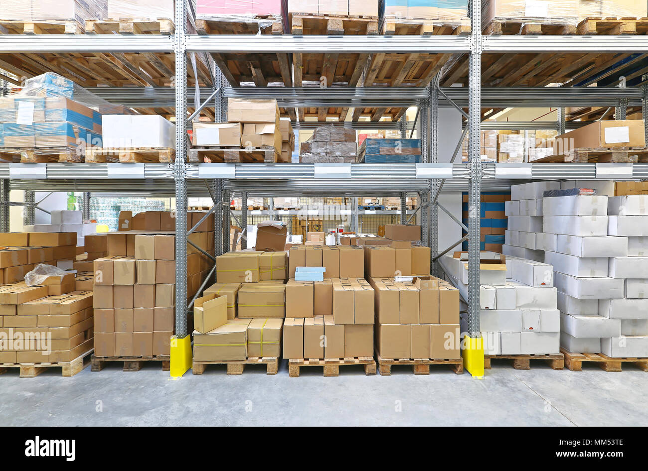 Boxes at Pallets in Warehouse Shelves Stock Photo - Alamy
