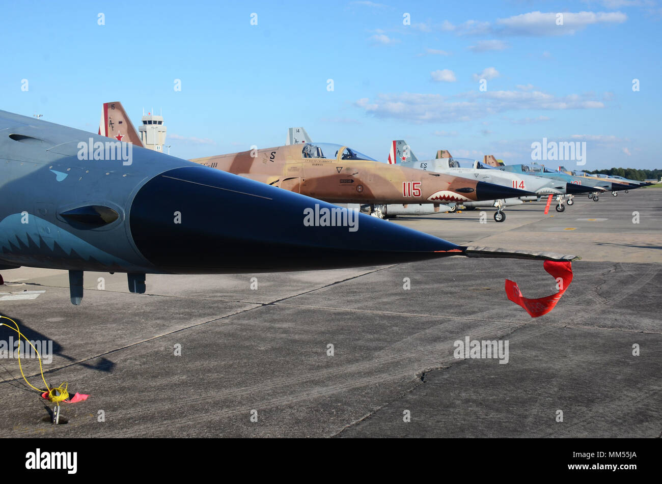 A group of F-5s are lined up on the flightline at Dobbins Air Reserve ...