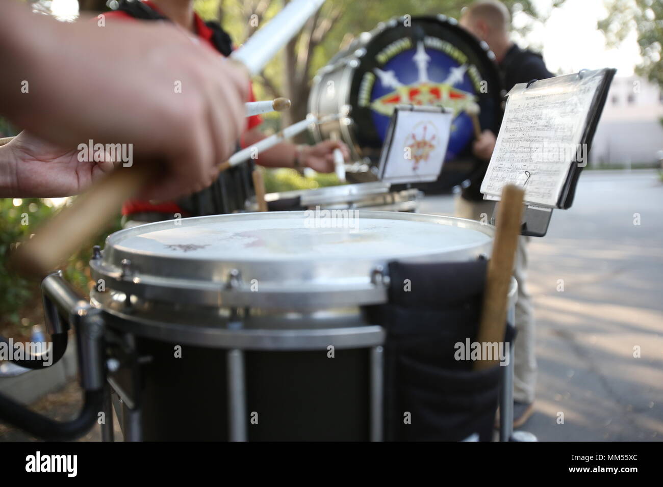 Members of the 3rd Marine Aircraft Wing (MAW) band’s percussion section ...