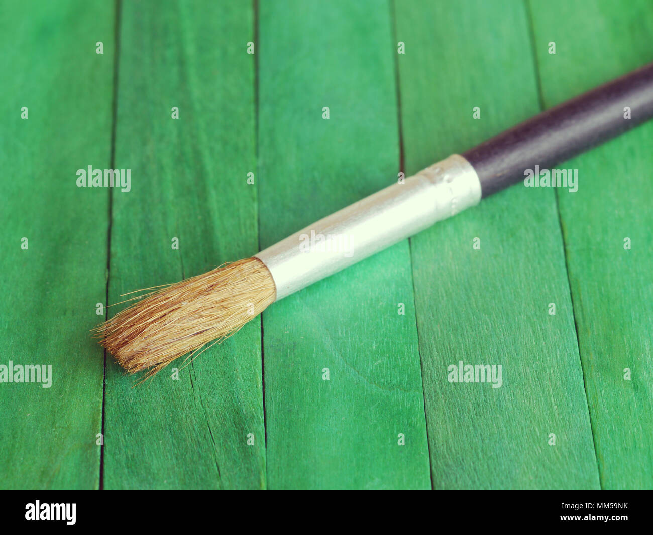 paintbrush on green wood background Stock Photo - Alamy