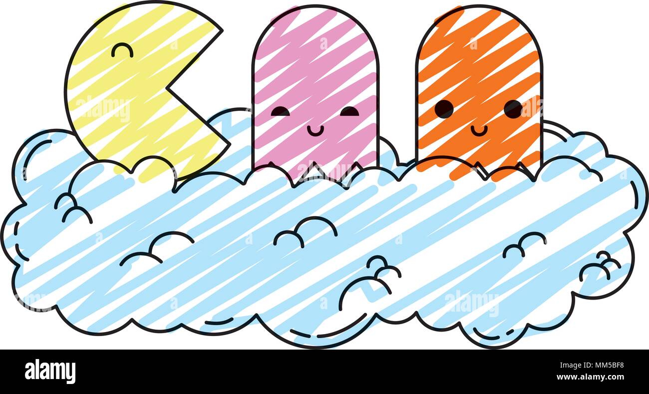 doodle videogame characters in graphic cloud scene Stock Vector Image ...