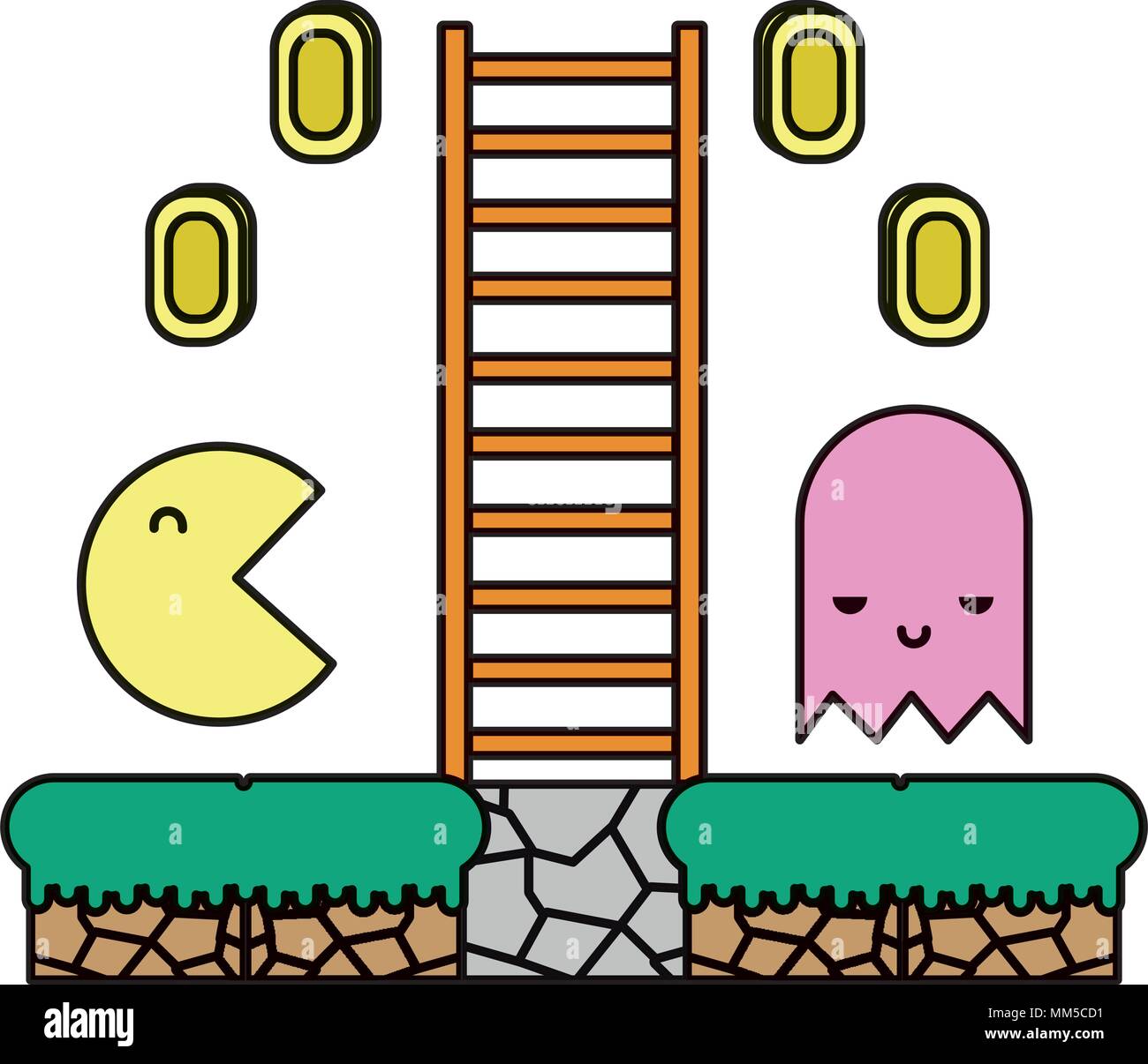 color characters with graphic ladder and videogame coins Stock Vector ...