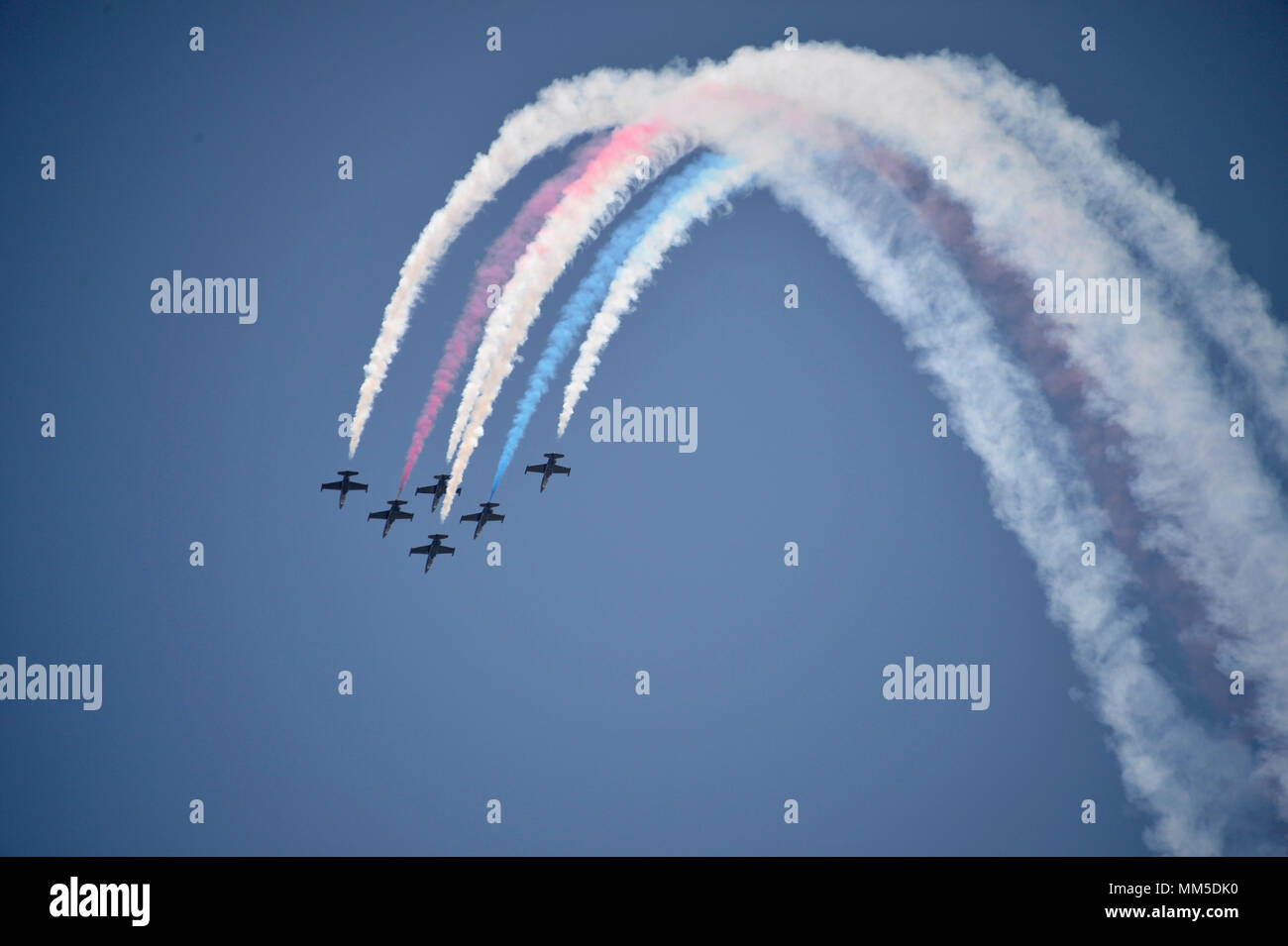 Six L-39 Albatros aircraft belonging to the Patriots Jet Team perform ...