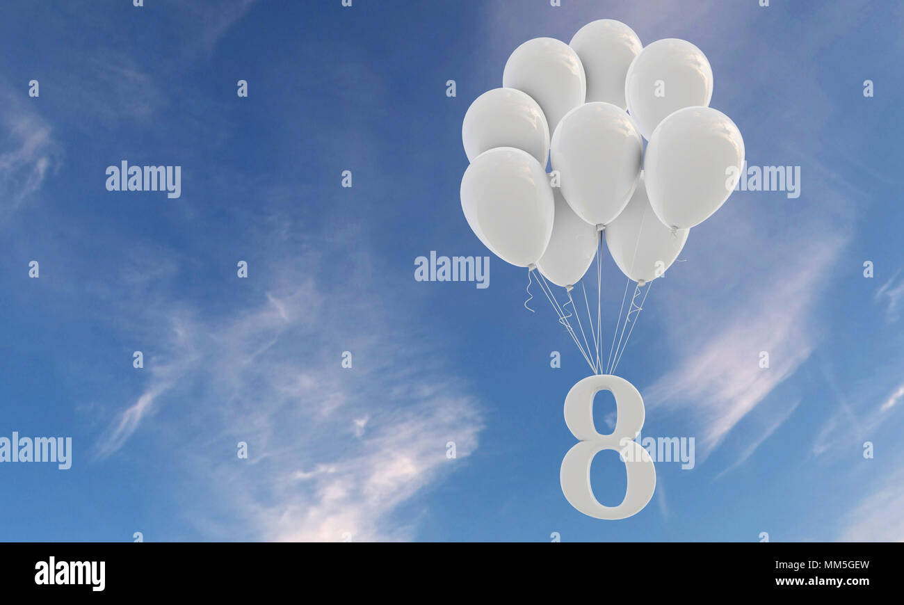 Number 8 party celebration. Number attached to a bunch of white ...