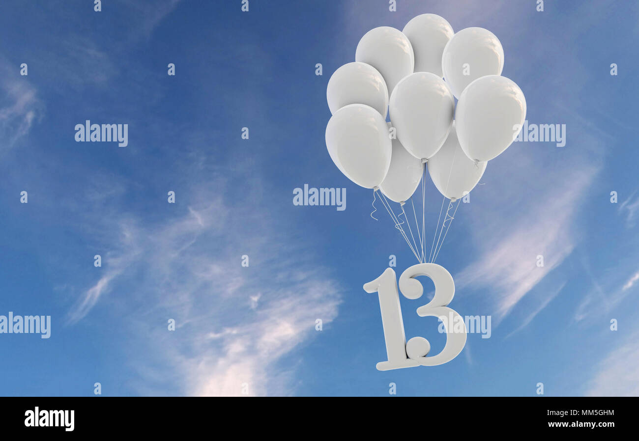 Number 13 party celebration. Number attached to a bunch of white ...