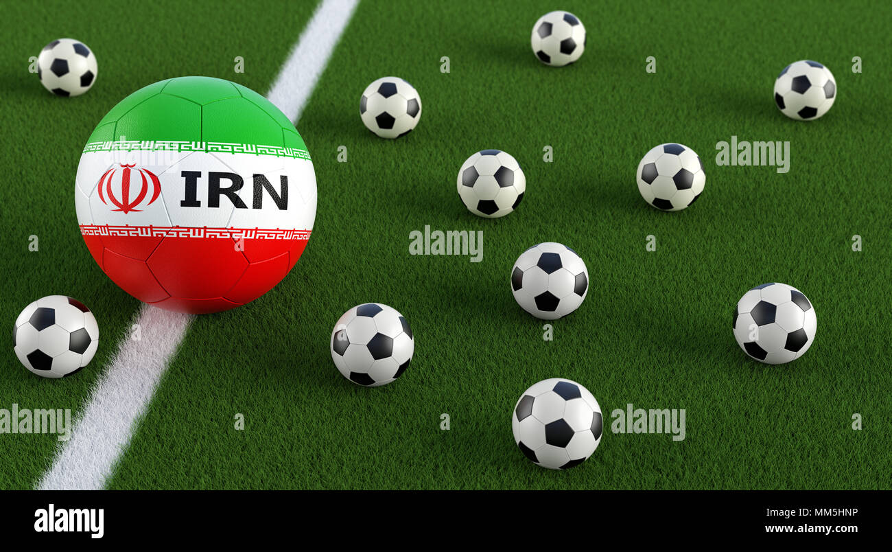 Soccer ball in Irans national colors on a soccer field. 3D Rendering ...