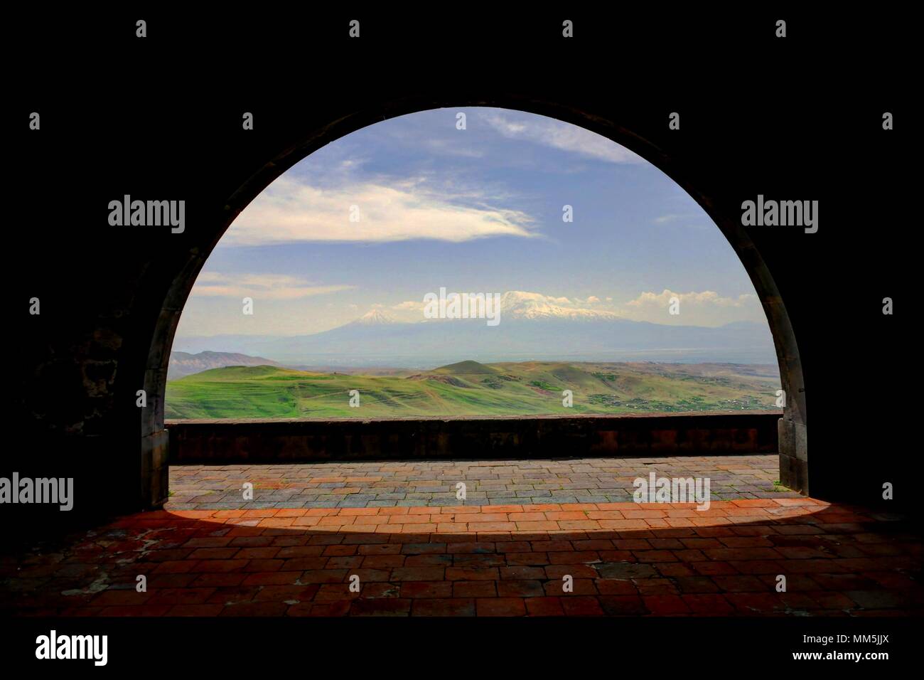 Charents Arch, view to Ararat mountain Armenia Stock Photo - Alamy