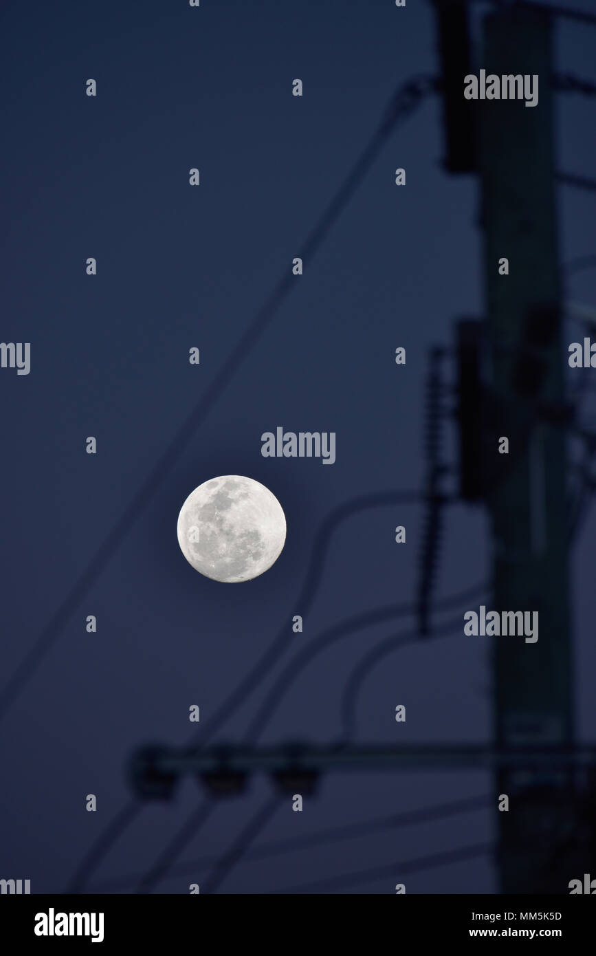 view of the moon adjacent to power pole with transformer Stock Photo ...