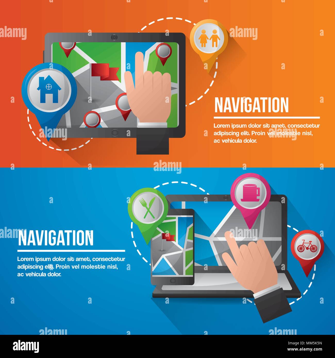 gps navigation application banners computers hands pointed screen location places vector ...