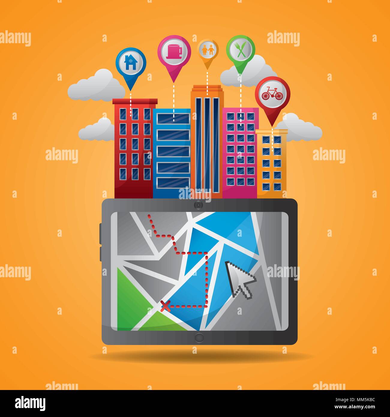 gps navigation application high buildings arrival point locations places ubication vector ...