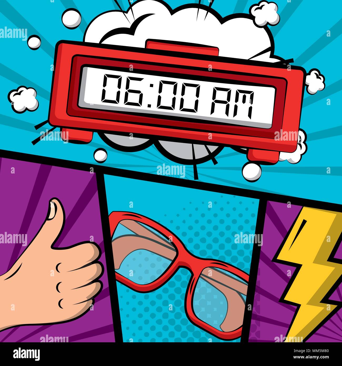 comic pop art alarm clock glasses and hand like vector illustration ...