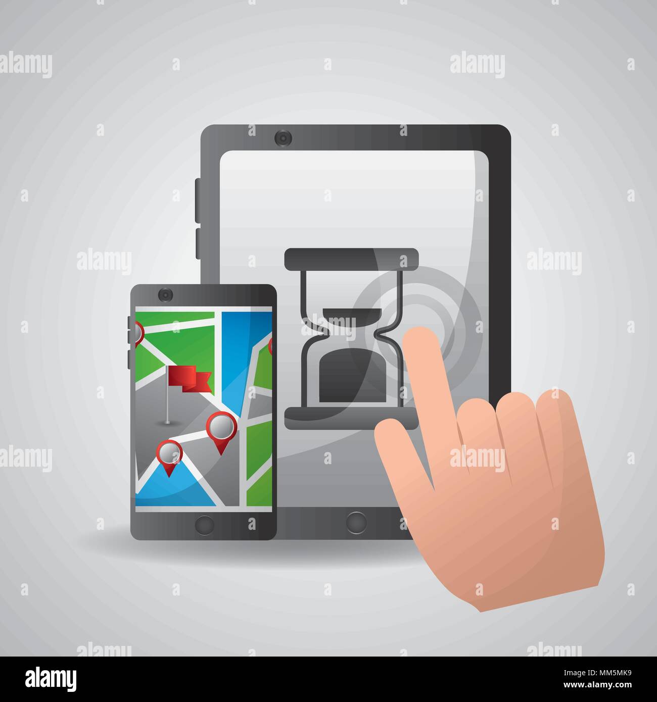 gps navigation application hand pointed screen connection location ubication place vector ...