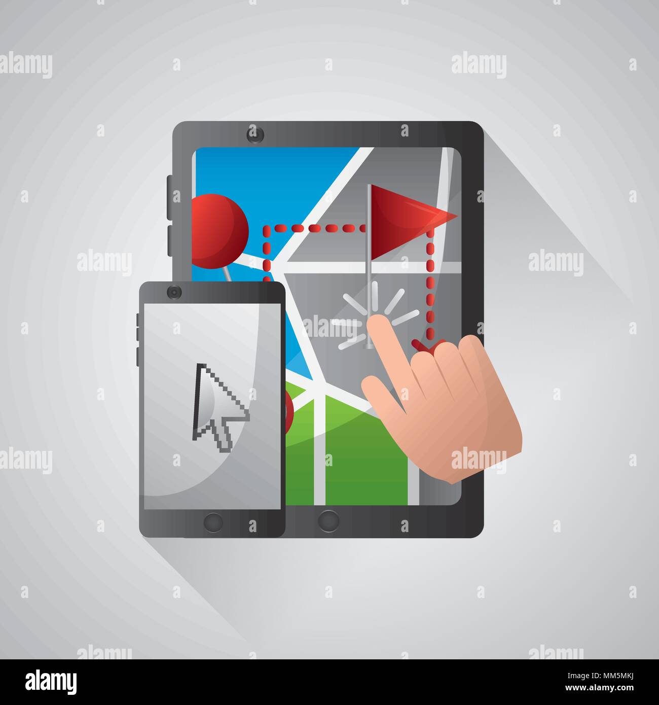 gps navigation application colorful technology hand pointed arrival destination pin map vector ...