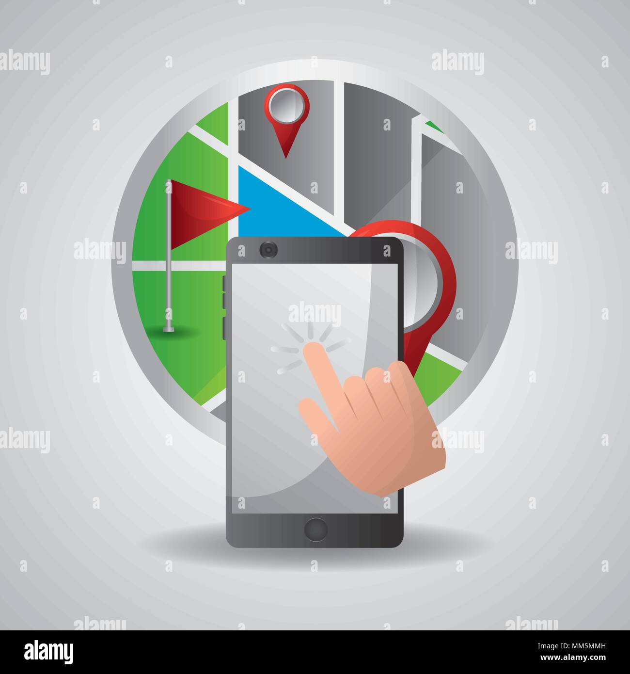 gps navigation application circle maps flag ubication hand pointed screen vector illustration ...