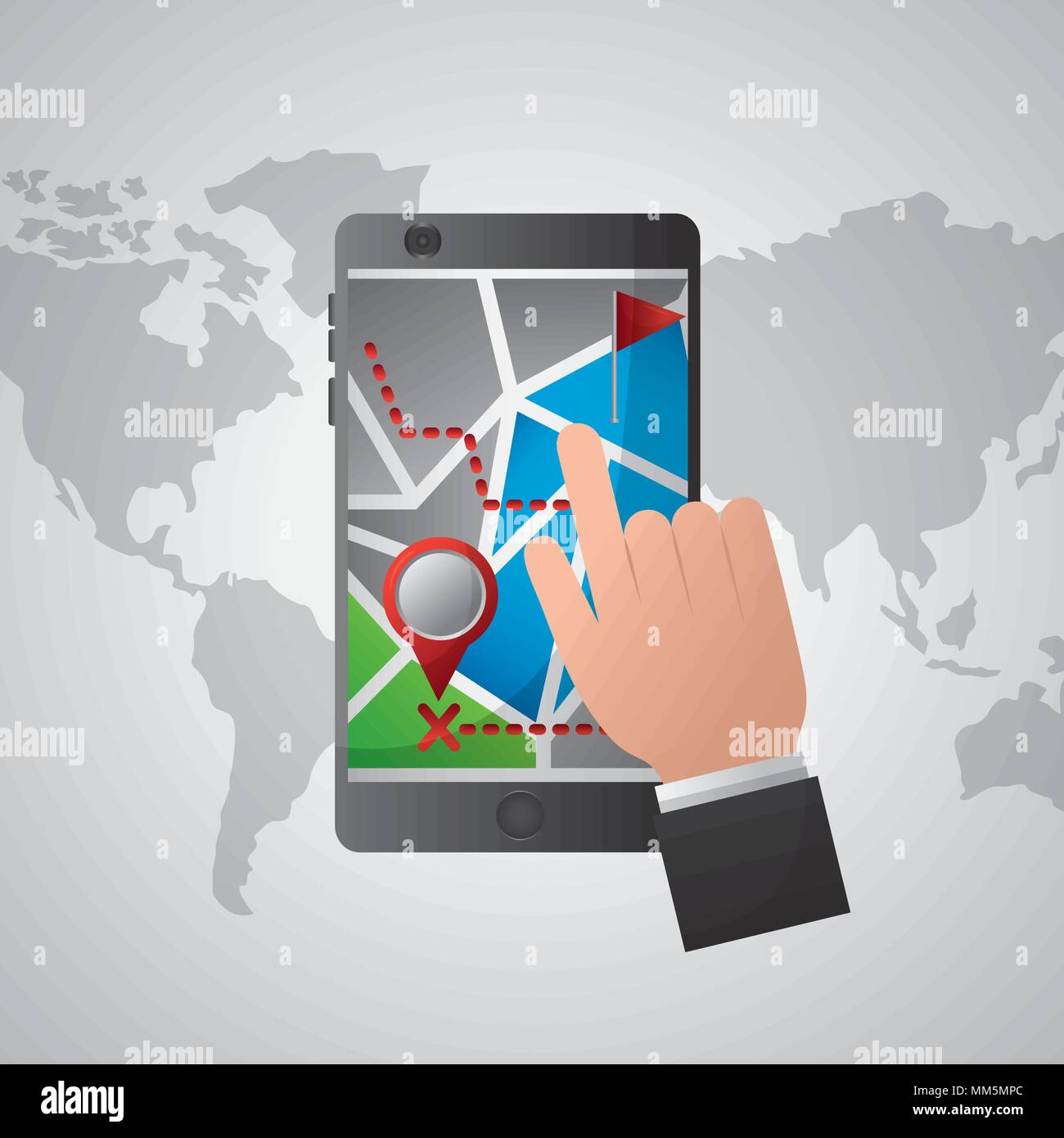 gps navigation application hand pointed place location arrival destination vector illustration ...