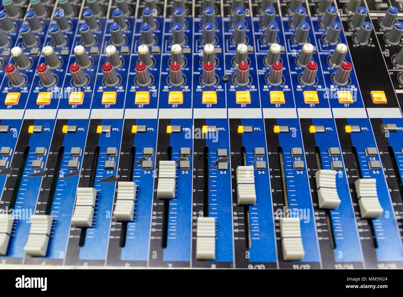 Closeup Mixing Console of a big HiFi system The audio equipment, a ...