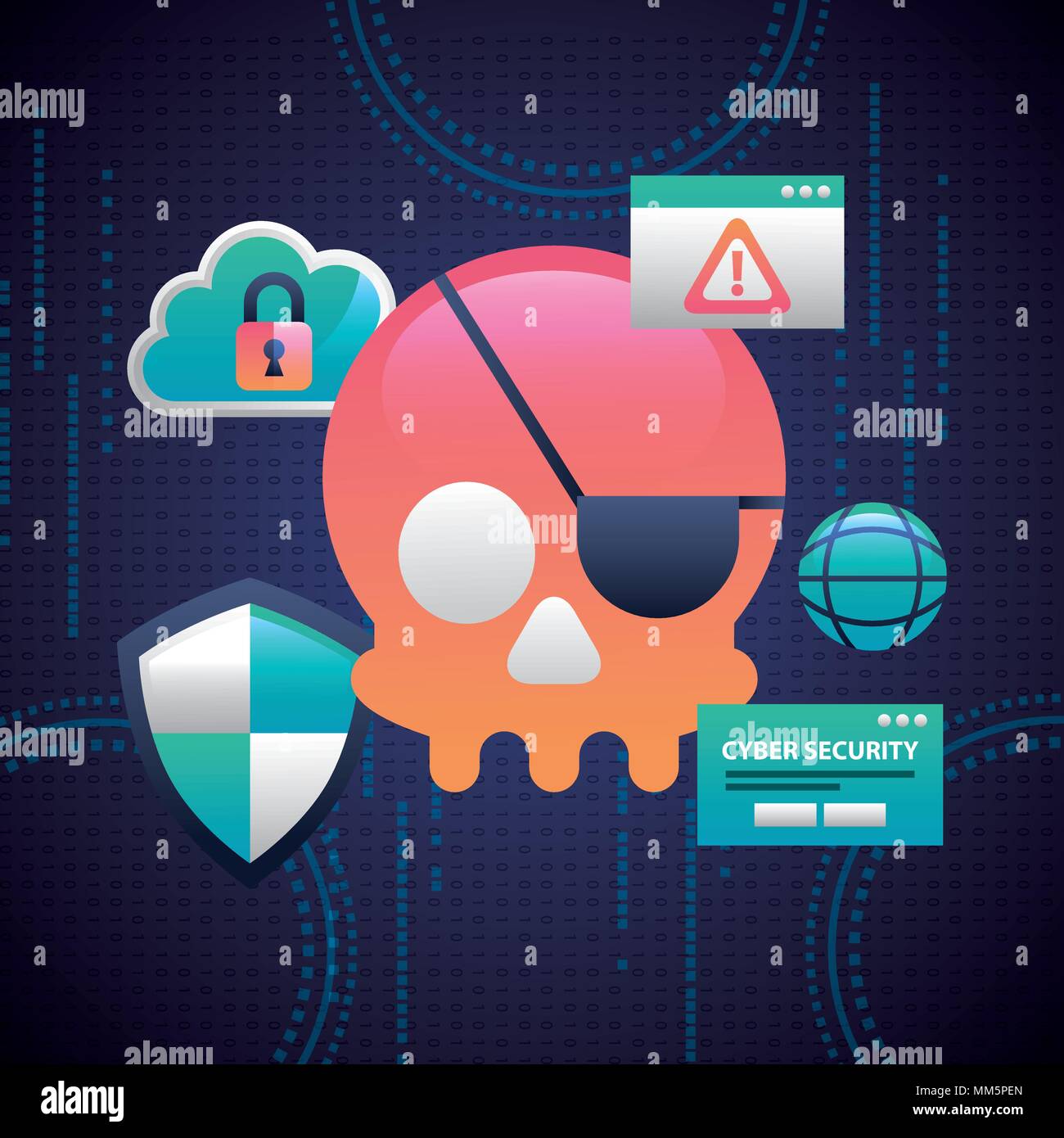 cyber security colorful skull piracy crime alert danger locked cloud ...