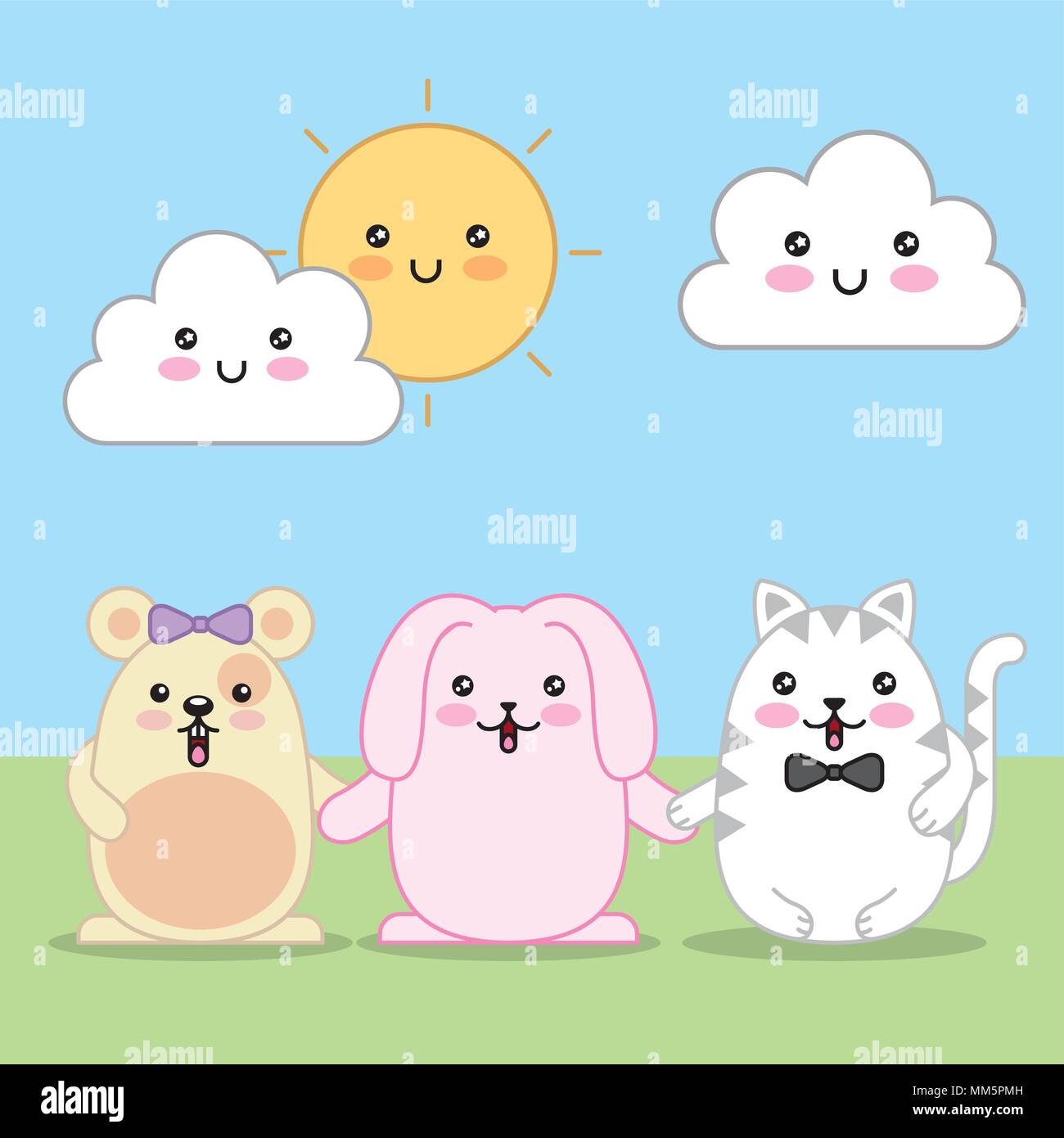 kawaii rabbit mouse and cat cartoon clouds and sun vector illustration ...