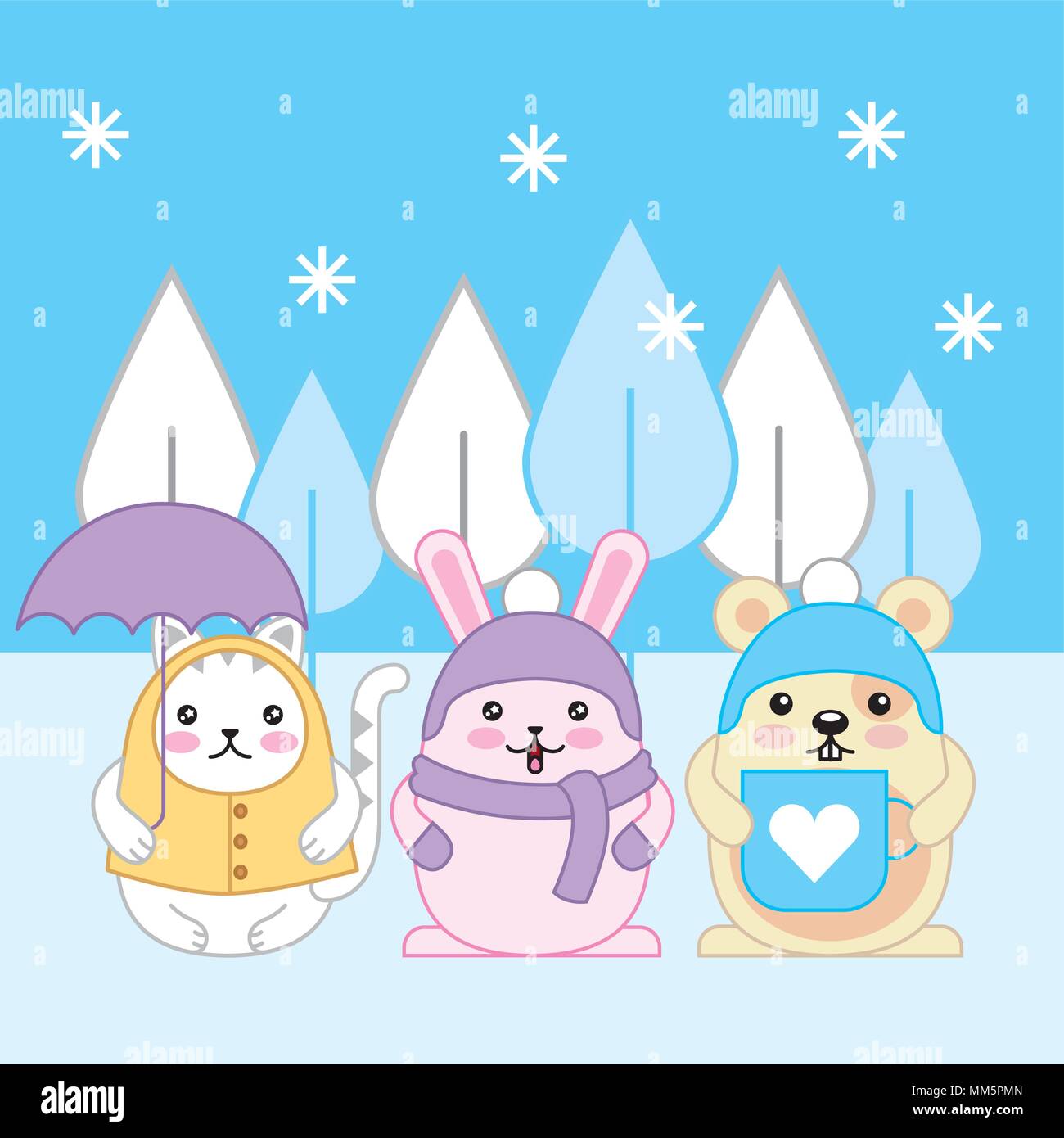 kawaii cat rabbit and mouse with winter clothes cartoon vector ...