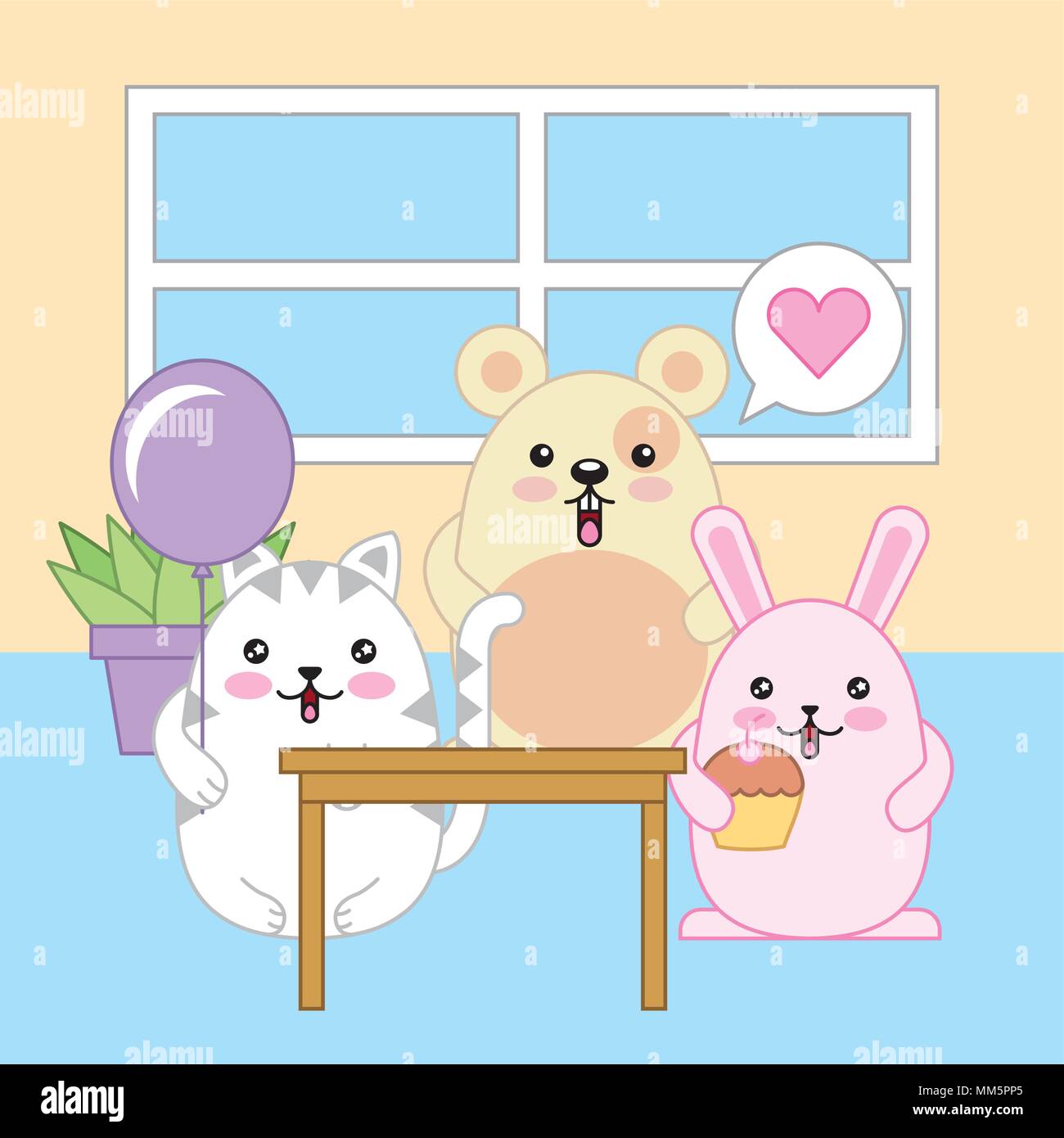 kawaii adorable party cat rabbit mouse animal cartoon celebration ...