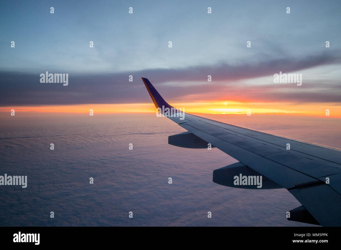 Aerial view of sunset while flying above clouds in an airplane Stock ...