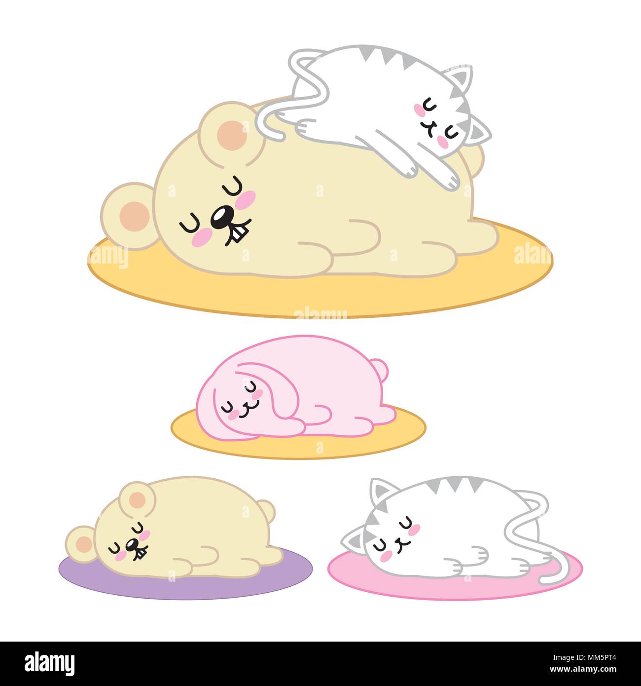 kawaii set animals sleeping in floor cartoon vector illustration Stock ...