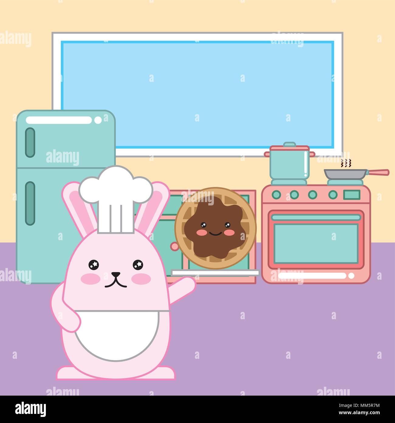 kawaii rabbit chef holding cookie in kitchen cartoon vector ...