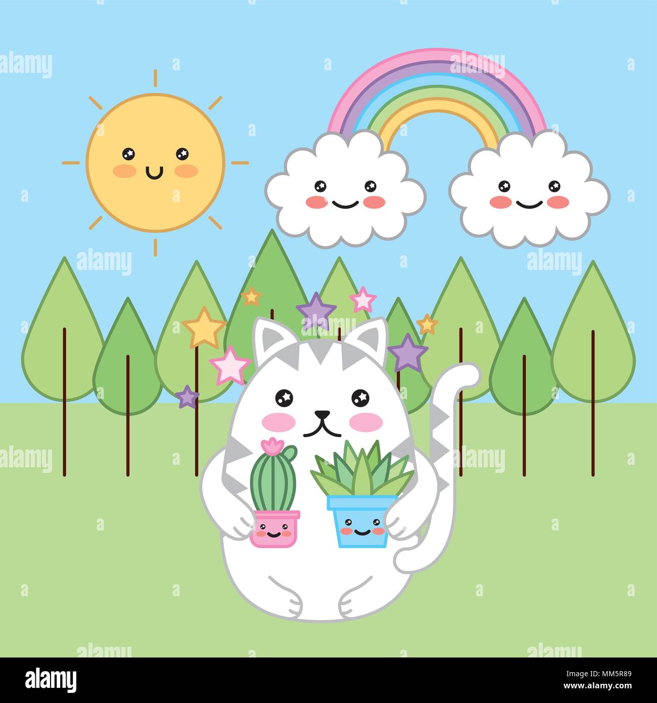 kawaii cat holding potted plants cartoon landscape vector illustration ...