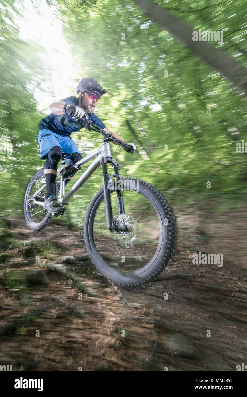 Mountain biker riding down hill on forest path, Bavaria, Germany Stock ...